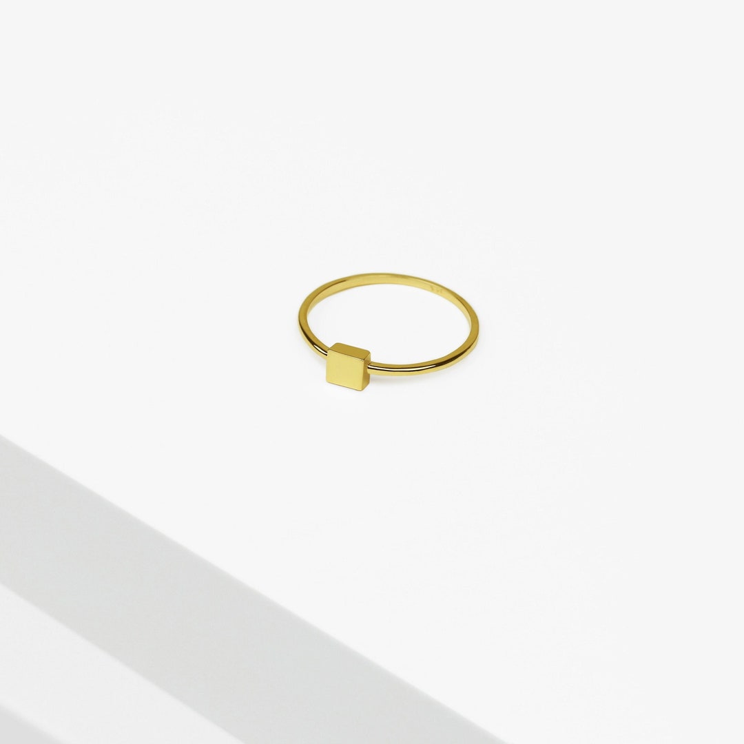 14k Solid Gold Square Center Ring, Geometric Ring, Simple Gold Ring ...