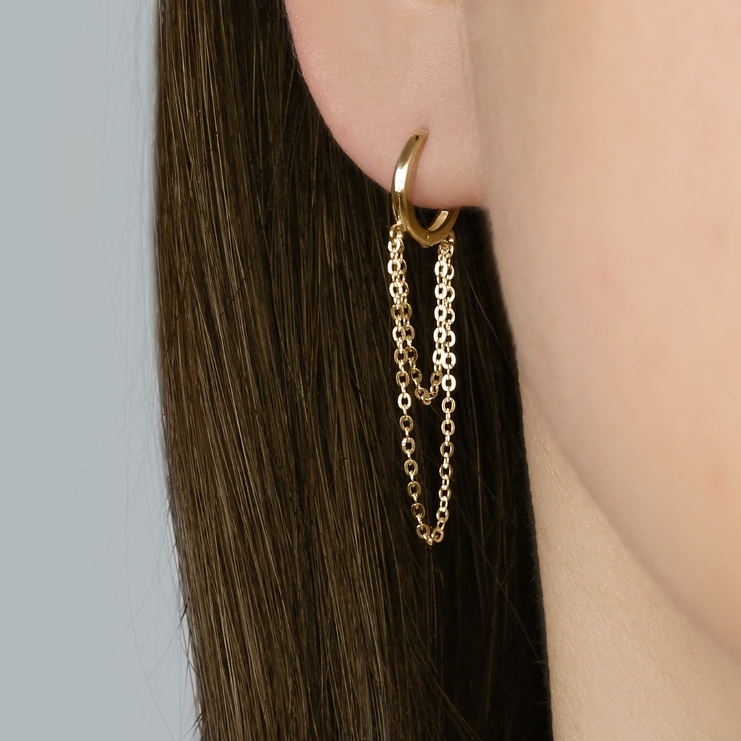 14k Solid Gold Double Chained Hoop Earring, Drop Hoop Earring, Huggie ...