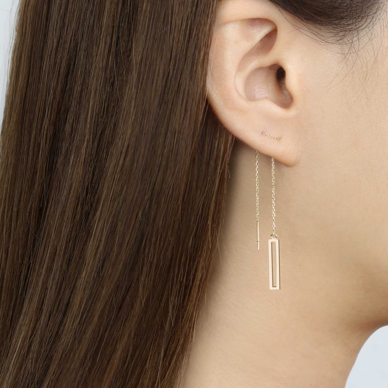 14k Solid Gold Rectangle Long Threader Earring Drop Earring - Etsy