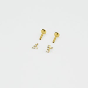 14k Solid Gold Trinity CZ Internally Threaded Labret Stud Earring, 18gauge, Lobe Tragus ...