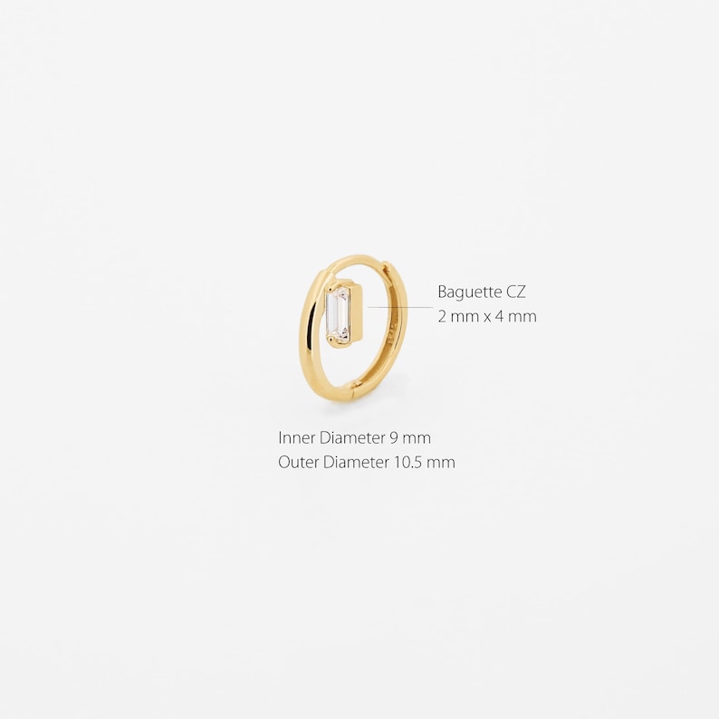 14k Solid Gold Side Baguette Earring, Minimalist Earring, Huggie Hoop ...