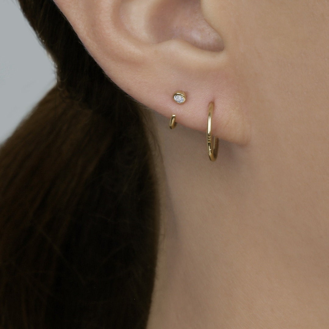 14k Solid Gold CZ Threader Hoop Earring, 18gauge, Lobe Tragus Cartilage ...