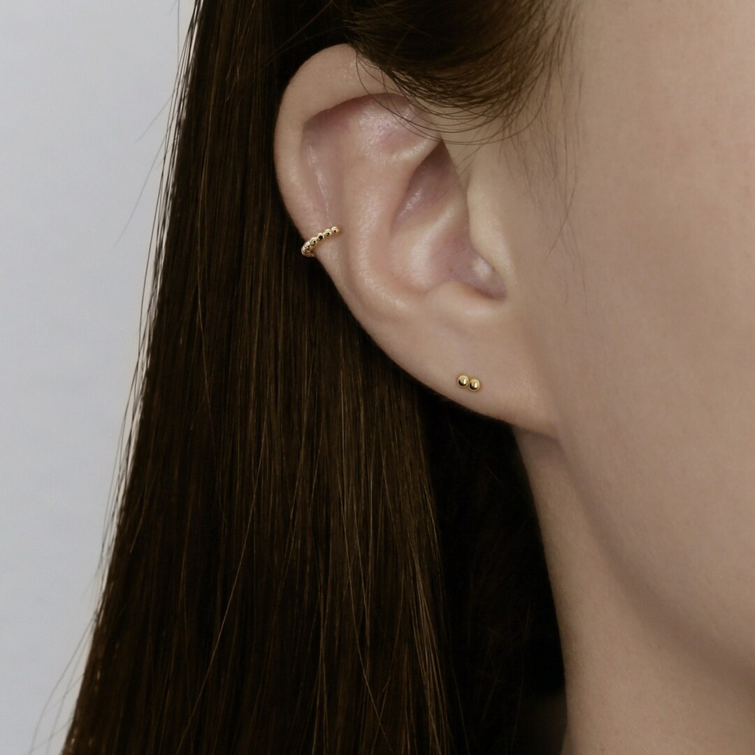 14k Solid Gold Tiny Ball Hoop Earring, Dainty Simple Hoop Earring ...