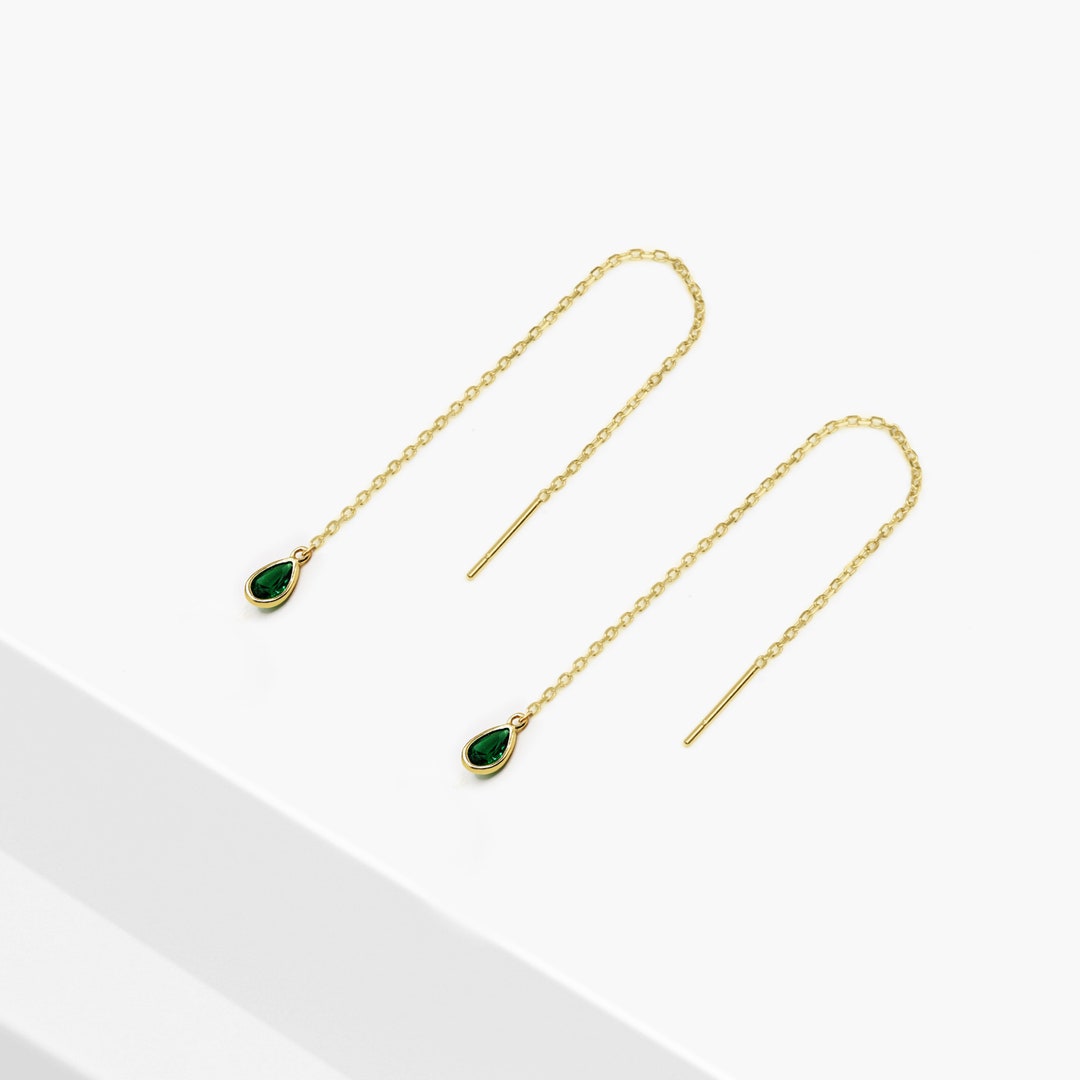 14k Solid Gold Green CZ Threader Drop Earring, Delicate Chain Earring ...