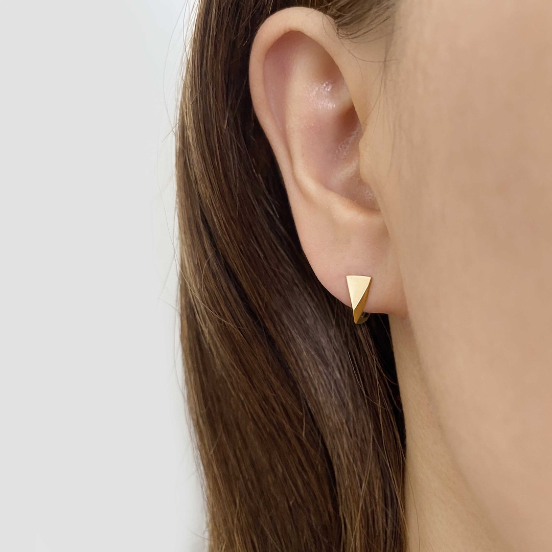 14k Solid Gold Three-dimensional Triangle Hoop Earring, Minimalist ...