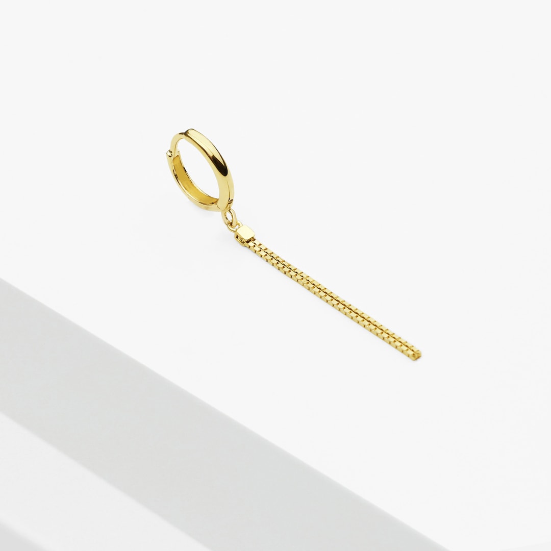14k Solid Gold Double Chain Drop Earring, Unique Earring, Huggie Hoop ...