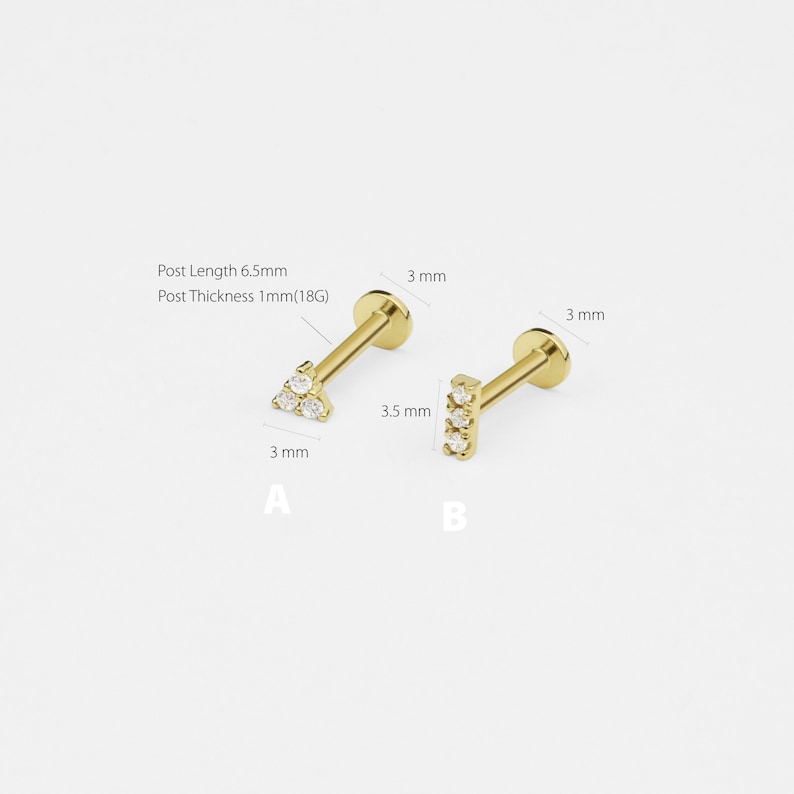 14k Solid Gold Trinity CZ Internally Threaded Labret Stud - Etsy