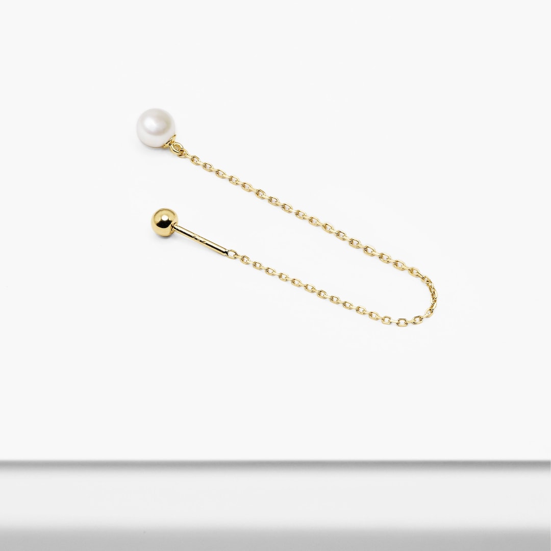 14k Solid Gold Pearl Chain Screw Ball Earring, Pearl Drop Earring, Delicate Chain Earring, Chain ...
