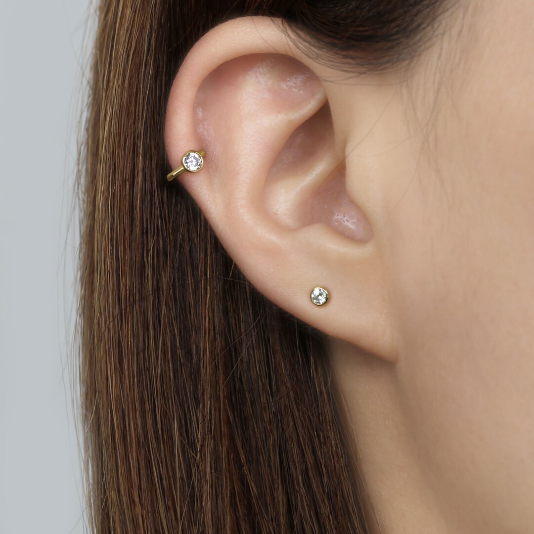 14k Solid Gold Small CZ Hoop Earring, Dainty Hoop Earring, Helix ...
