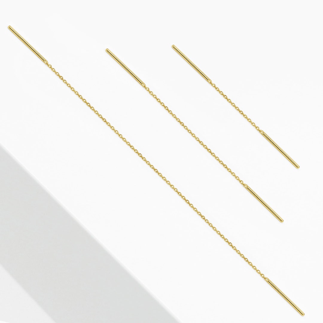 14k Solid Gold Sturdy Double Bar Threader Earring, Drop Earring, Chain ...
