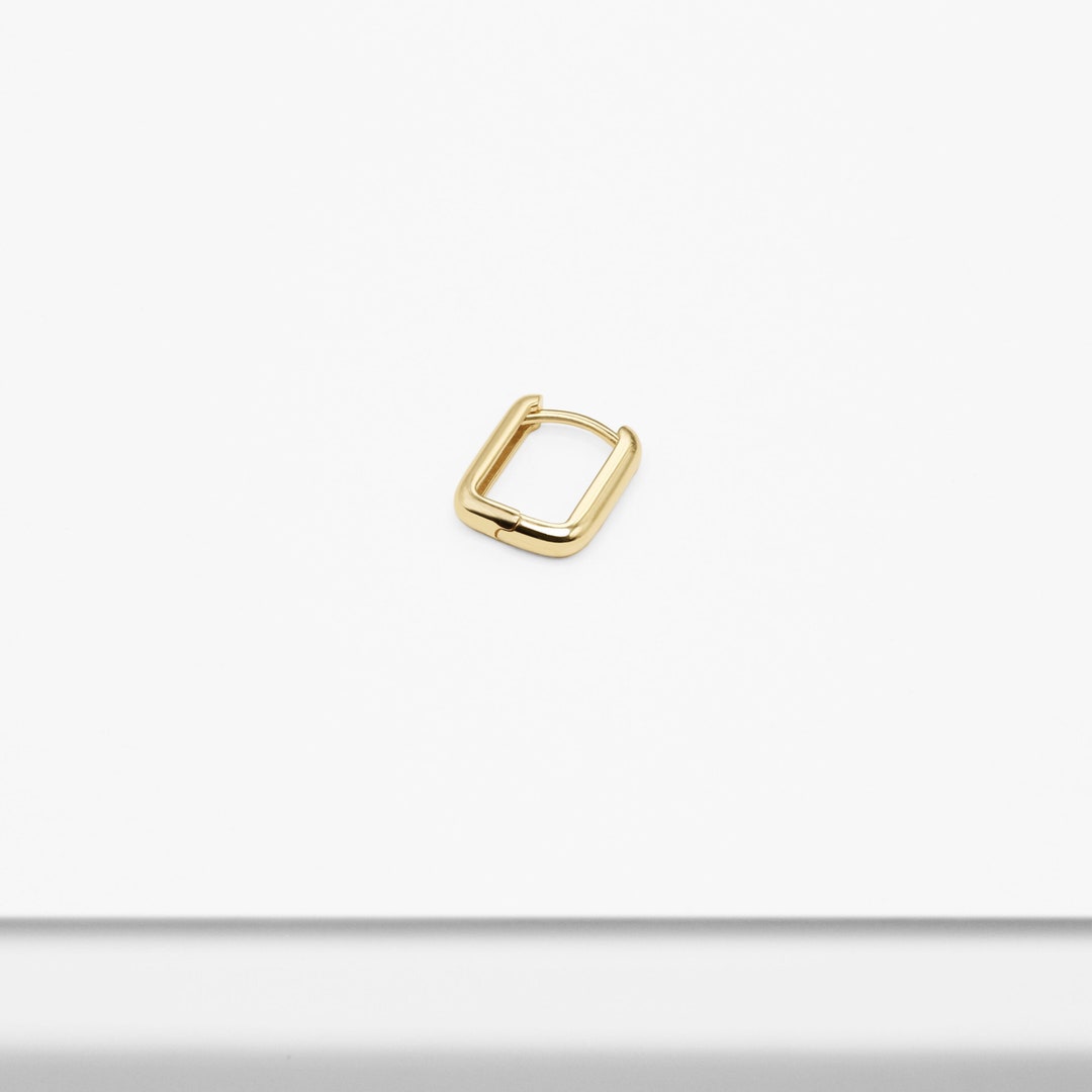 14k Solid Gold Small Rectangular Volume Hoop Earring, Minimalist ...