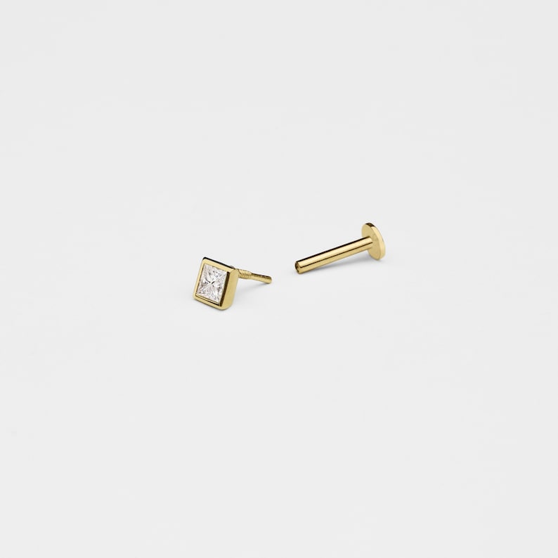 14k Solid Gold Square CZ Internally Threaded Labret Stud Earring ...
