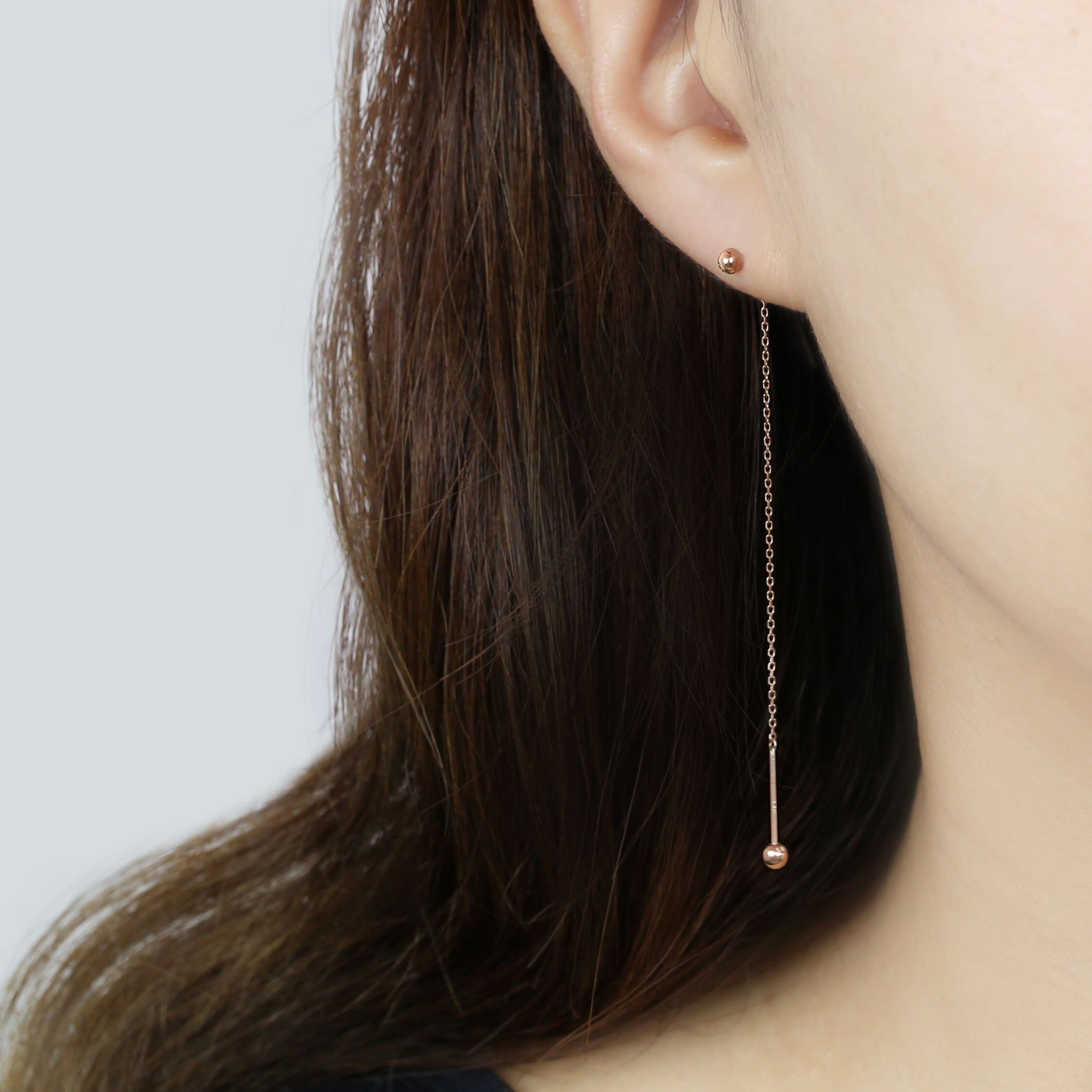 14k Solid Gold Double Ball Threader Earring, Rose Gold Drop Earring ...