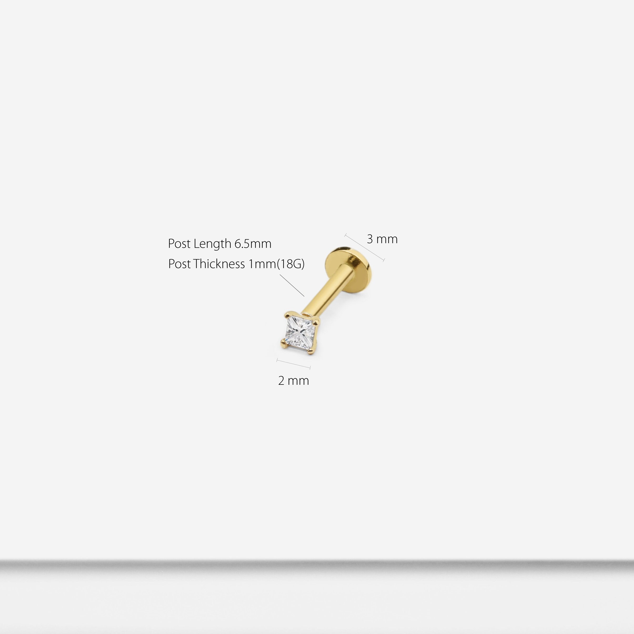 14k Solid Gold Tiny Square CZ Internally Threaded Labret Stud - Etsy