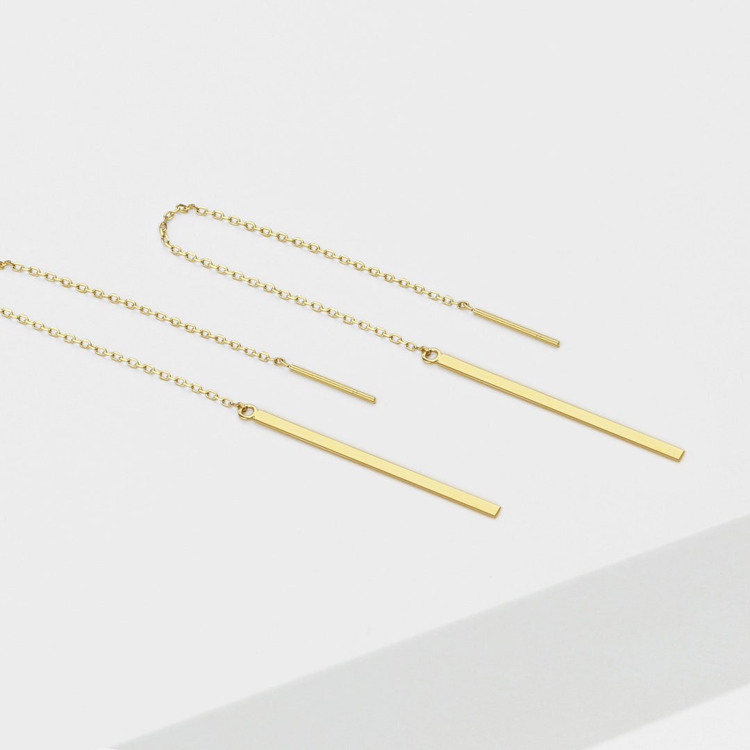 14k Solid Gold Flat Long Bar Threader Earring, Drop Earring, Delicate ...