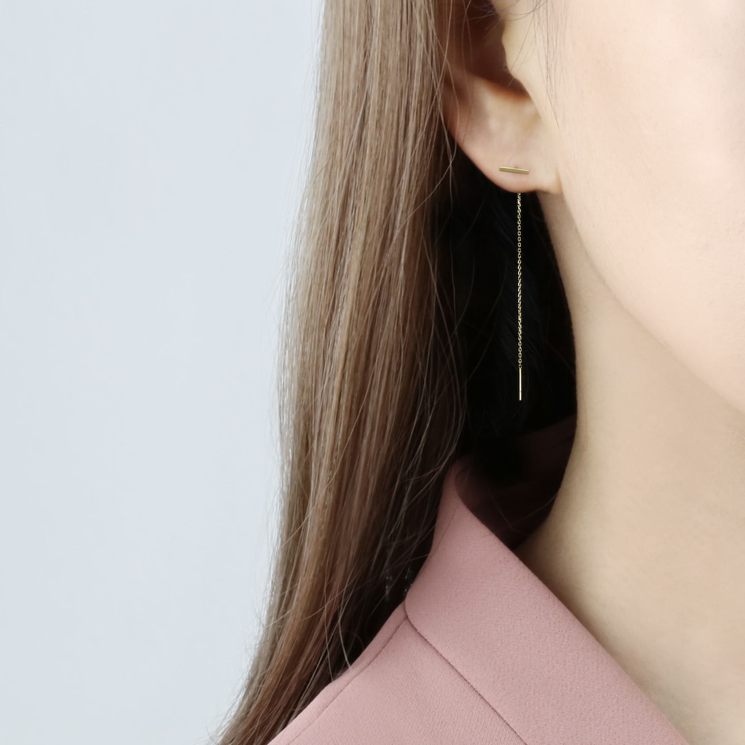 14k Solid Gold Tiny Bar Threader Earring, Drop Earring, Delicate Chain ...