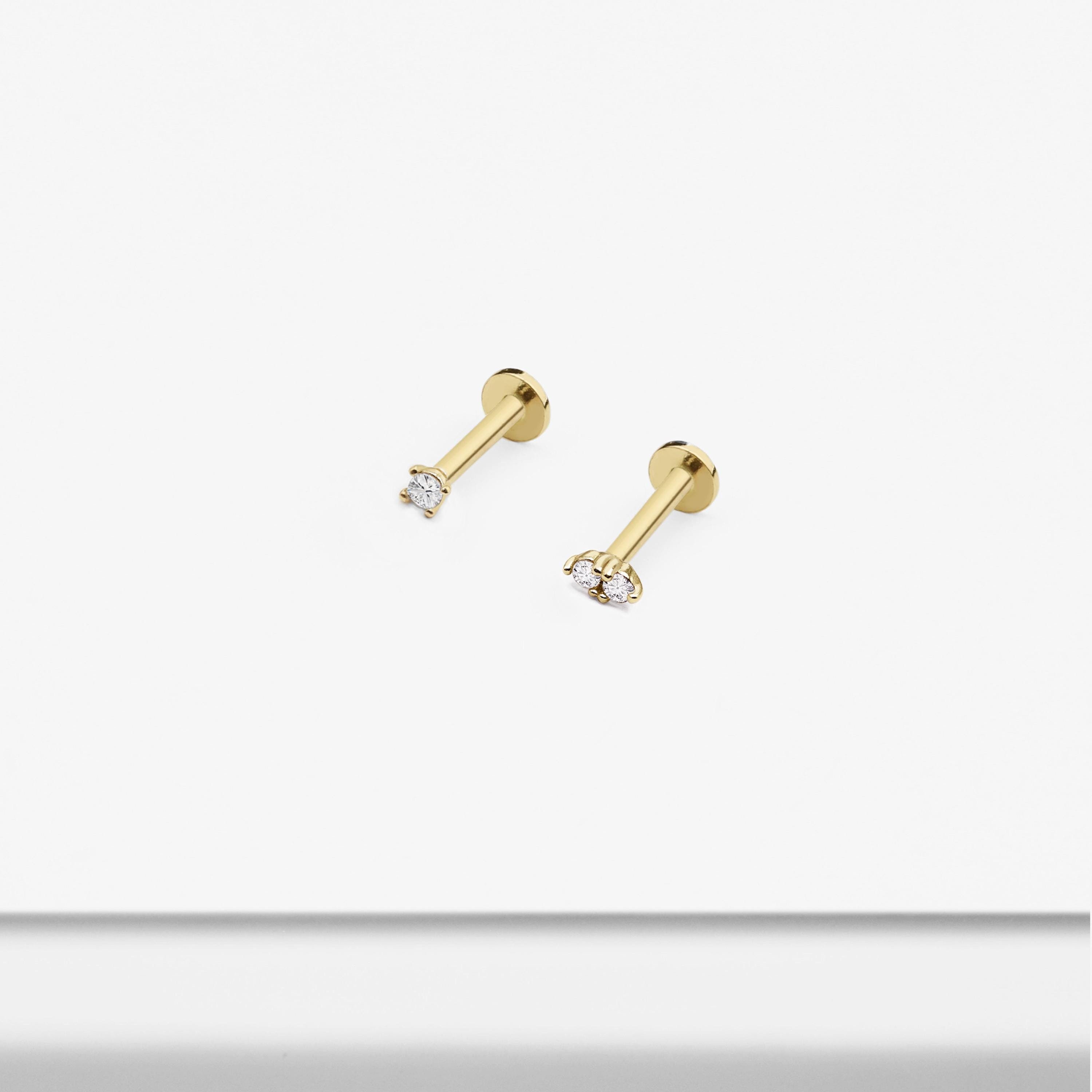 14k Solid Gold Micro Single Double CZ Internally Threaded Labret Stud ...