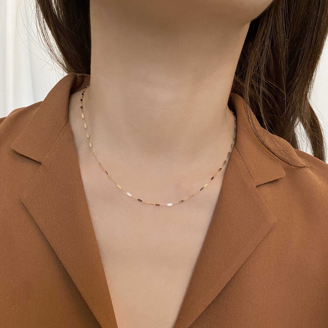 14k Solid Gold Thin Flat Chain Necklace, Simple Minimalist Necklace ...