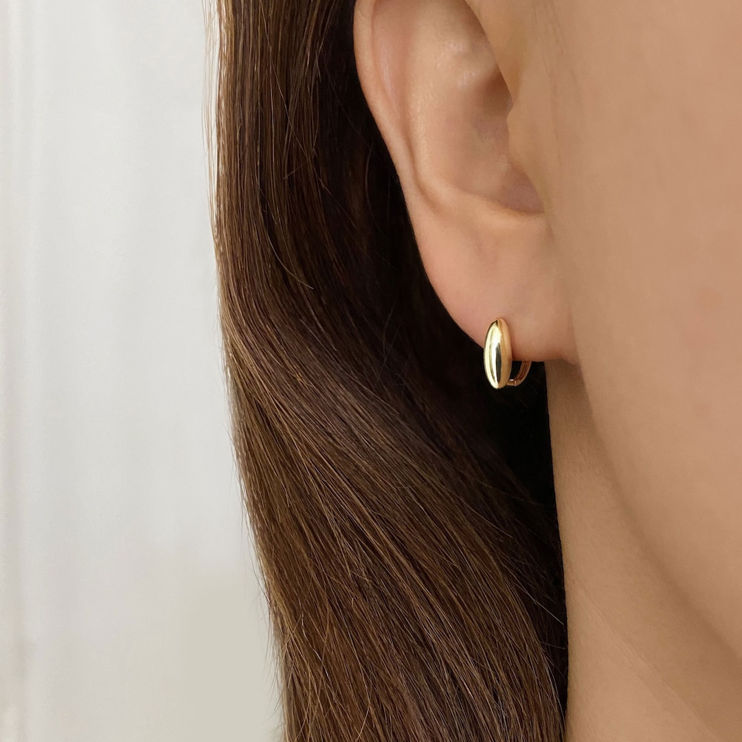 14k Solid Gold Narrow Oval Volume Hoop Earring, Minimalist Earring ...