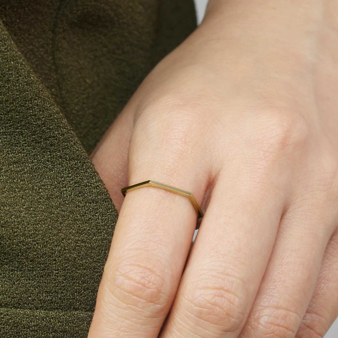 14k Solid Gold Hexagonal Ring, Geometric Ring, Simple Gold Ring ...