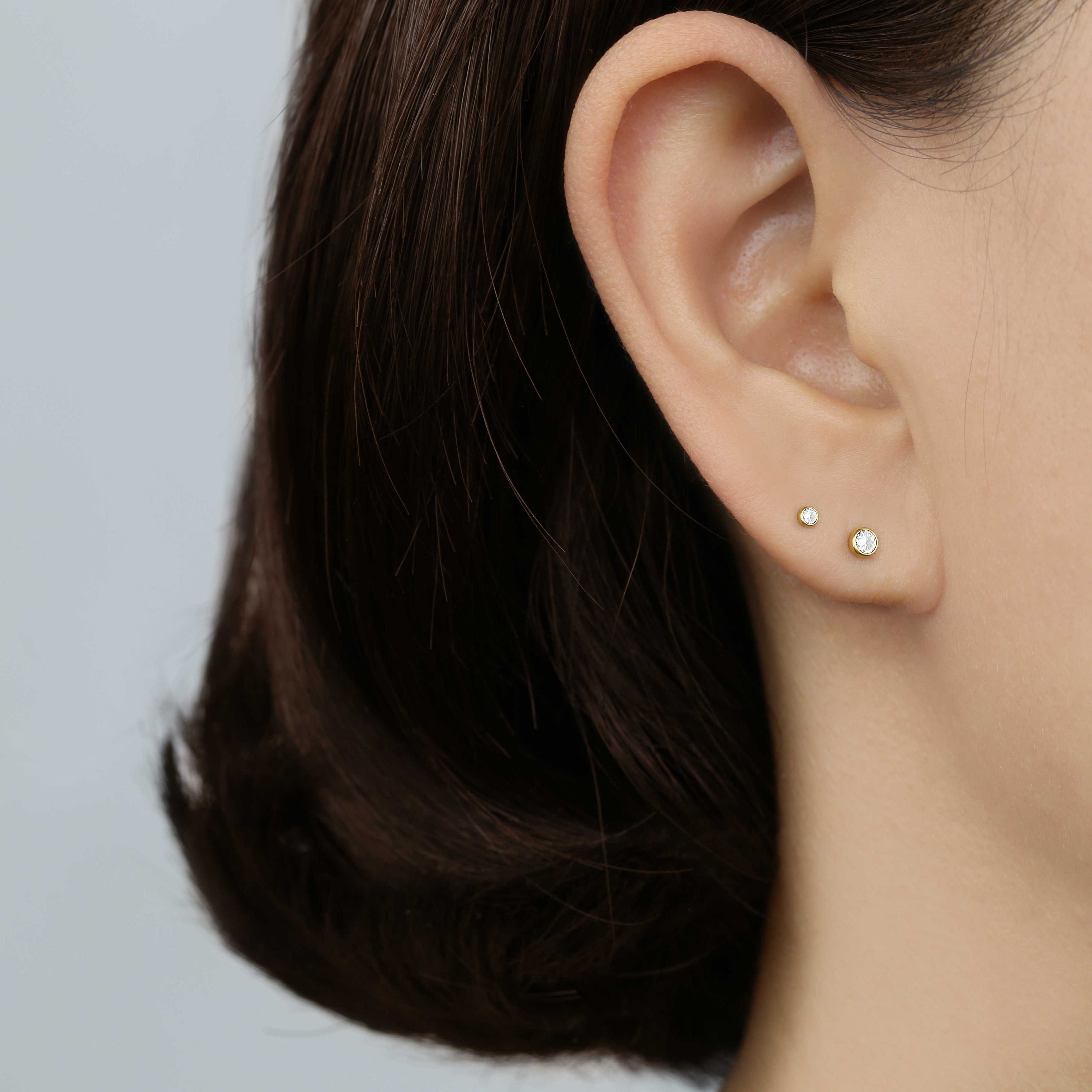 14k Solid Gold 2mm 3mm Bezel CZ Stud Earring, Dainty Screw Back Earring ...
