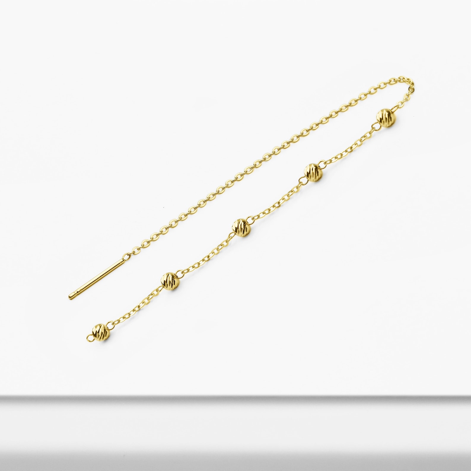 14k Solid Gold Ball Chain Long Threader Earring, Drop Earring, Delicate ...