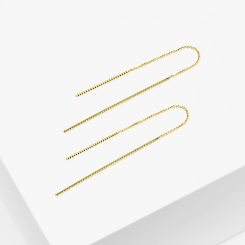 14k Solid Gold Long Bar Threader Earring Drop Earring - Etsy