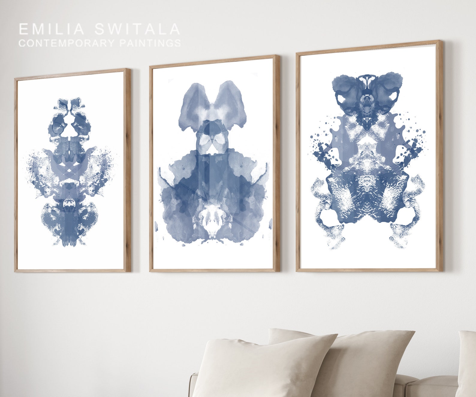 Rorschach Test Art Prints: Blue Inkblot Watercolor Paintings (set of 3 ...