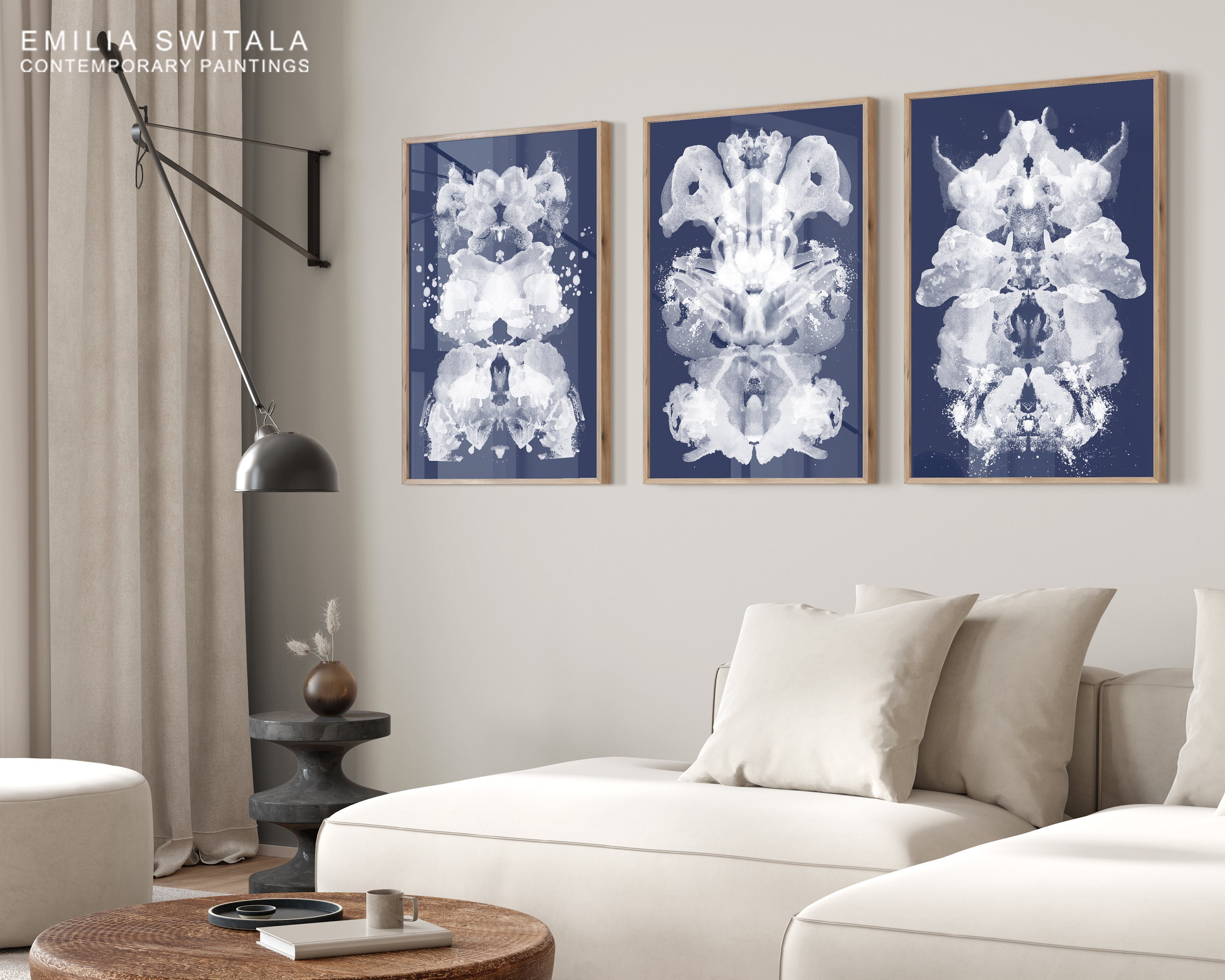 Rorschach Test Prints, Set of 3 Blue White Art Prints for Doctors ...