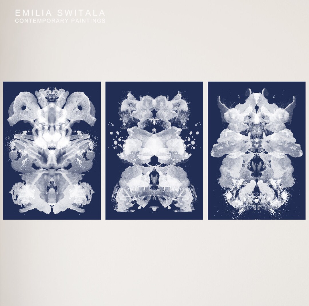 Rorschach Test Prints, Set of 3 Blue White Art Prints for Doctors ...
