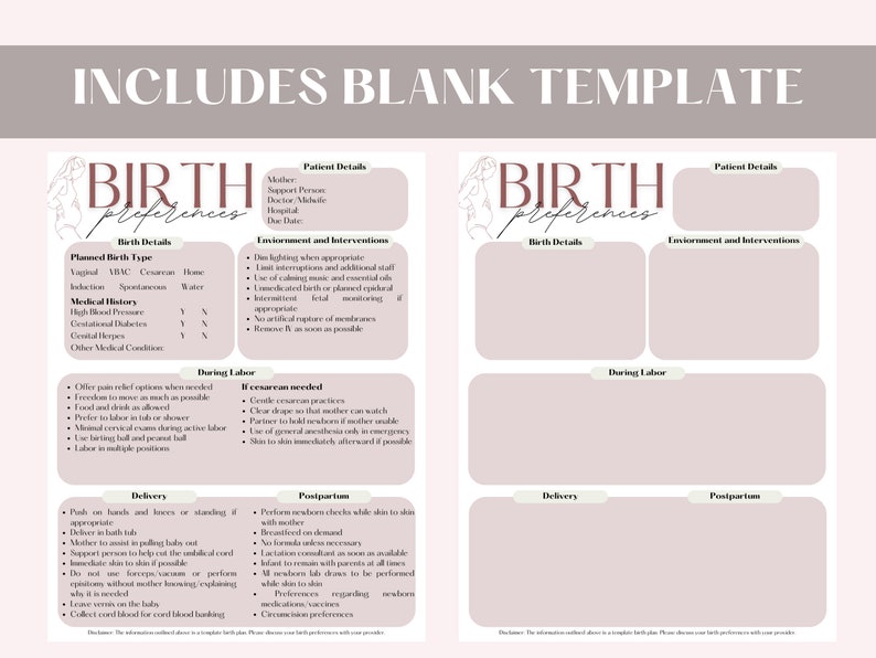 Birth Plan Template, Birth Plan Printable, Natural Birth Plan, Birth ...