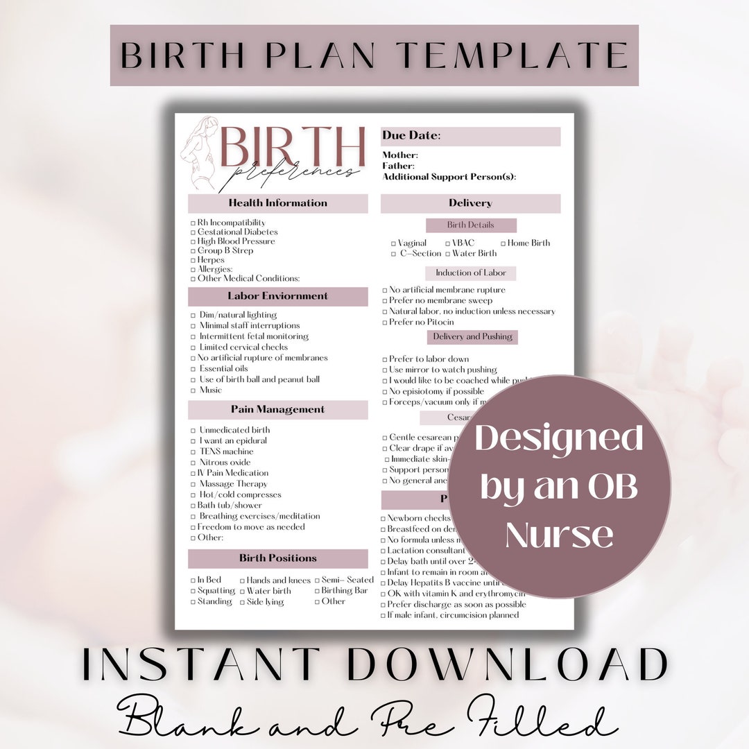Birth Plan Template, Birth Plan Printable, Natural Birth Plan, Birth ...
