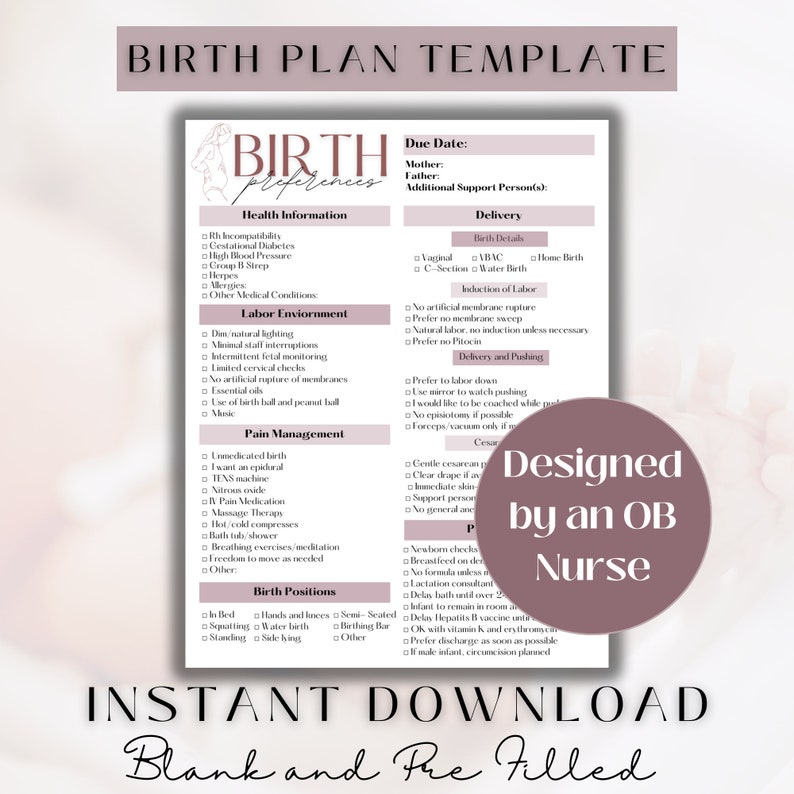 Birth Plan Template, Birth Plan Printable, Natural Birth Plan, Birth ...