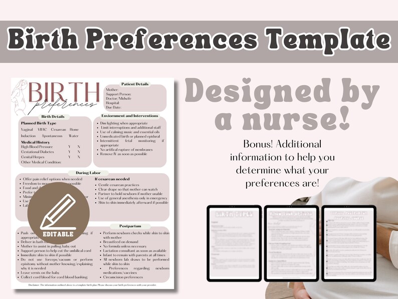 Editable Birth Plan Template Natural Birth Plan Printable Birth Plan ...