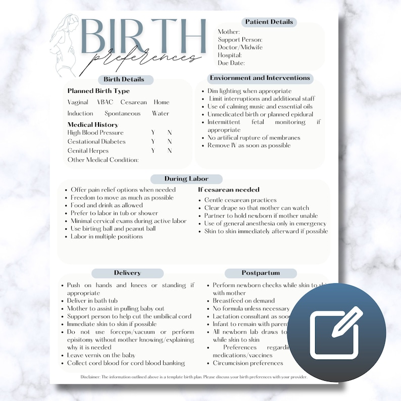 Birth Plan Template Editable Printable Birthing Plan Printable Birth ...