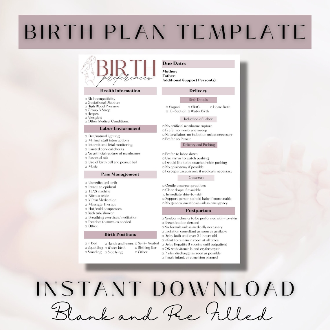 Editable Birth Plan Template Natural Birth Plan Printable Birth Plan ...