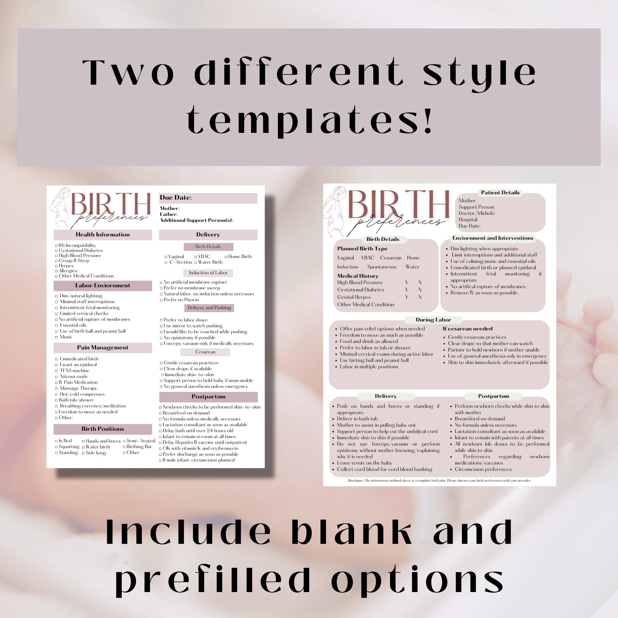 Editable Birth Plan Template Natural Birth Plan Printable Birth Plan ...