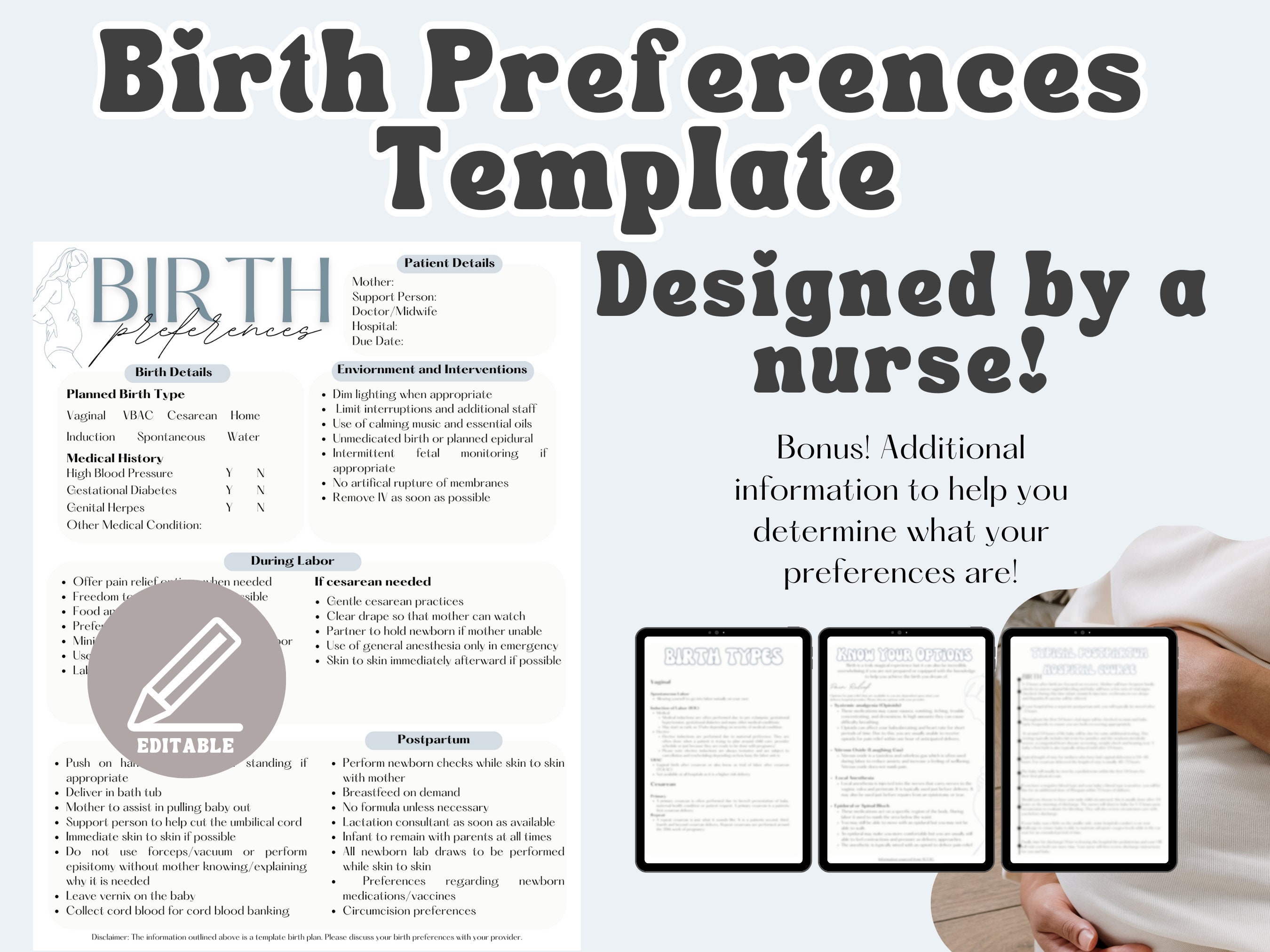 Birth Plan Template Editable Printable Birthing Plan Printable Birth ...