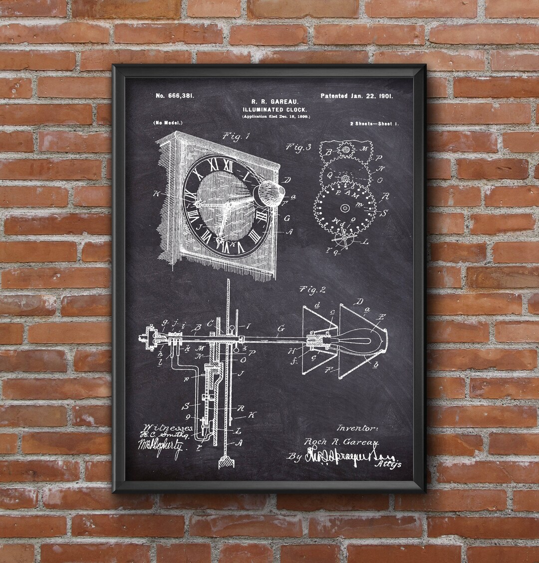 Illuminated Clock Patent Print, Vintage Clock Patent Wall Art, Patent ...