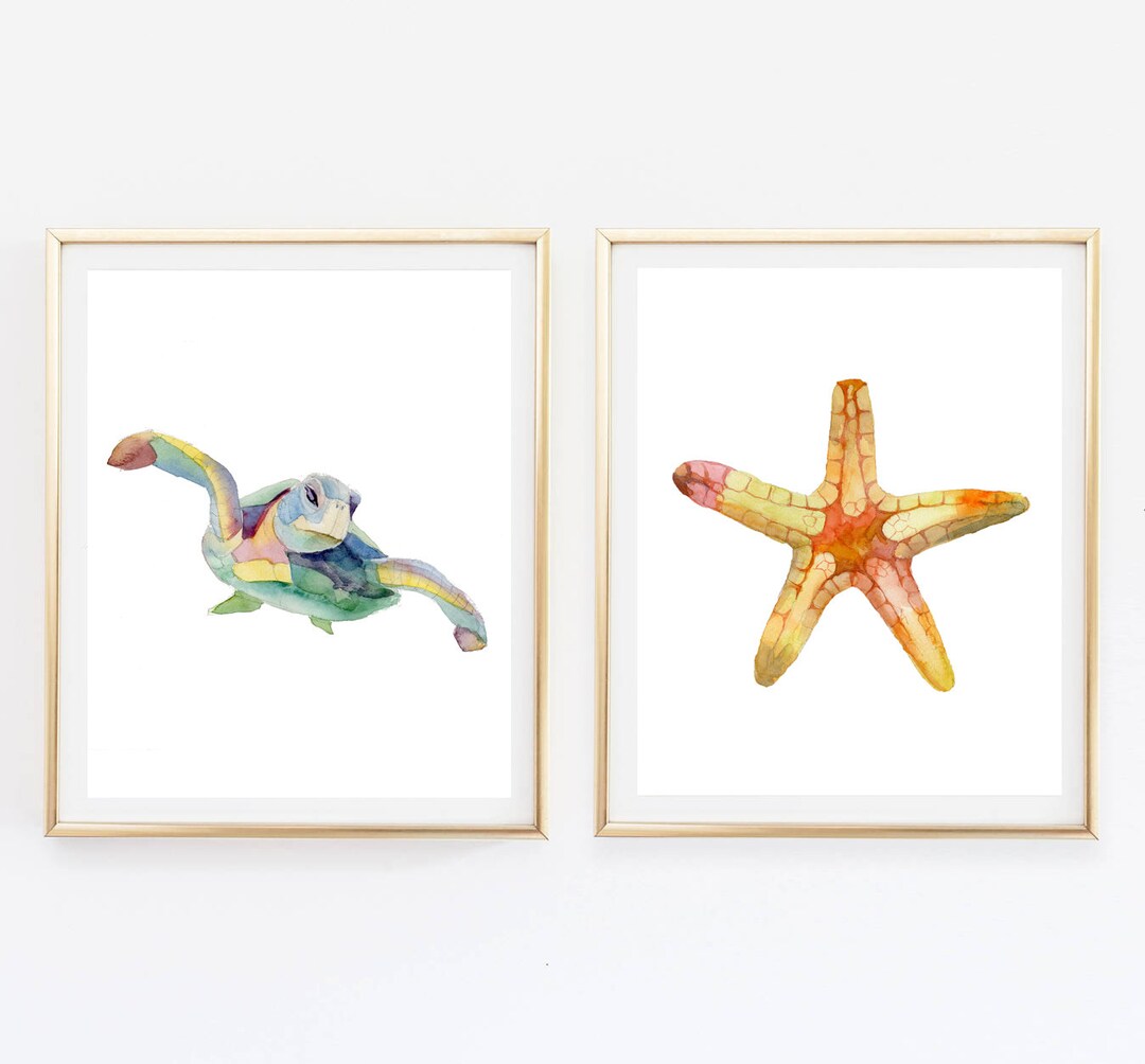 Watercolor Nursery Marine Poster, Set of 2 Prints, Sea Turtle, Starfish ...