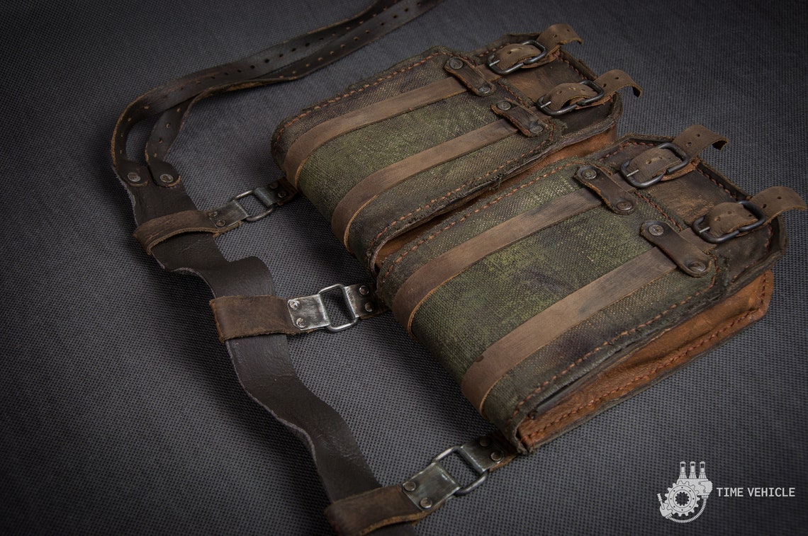 Handmade Leather Canvas Hip Double Bag Set – Post-apocalyptic Wasteland ...