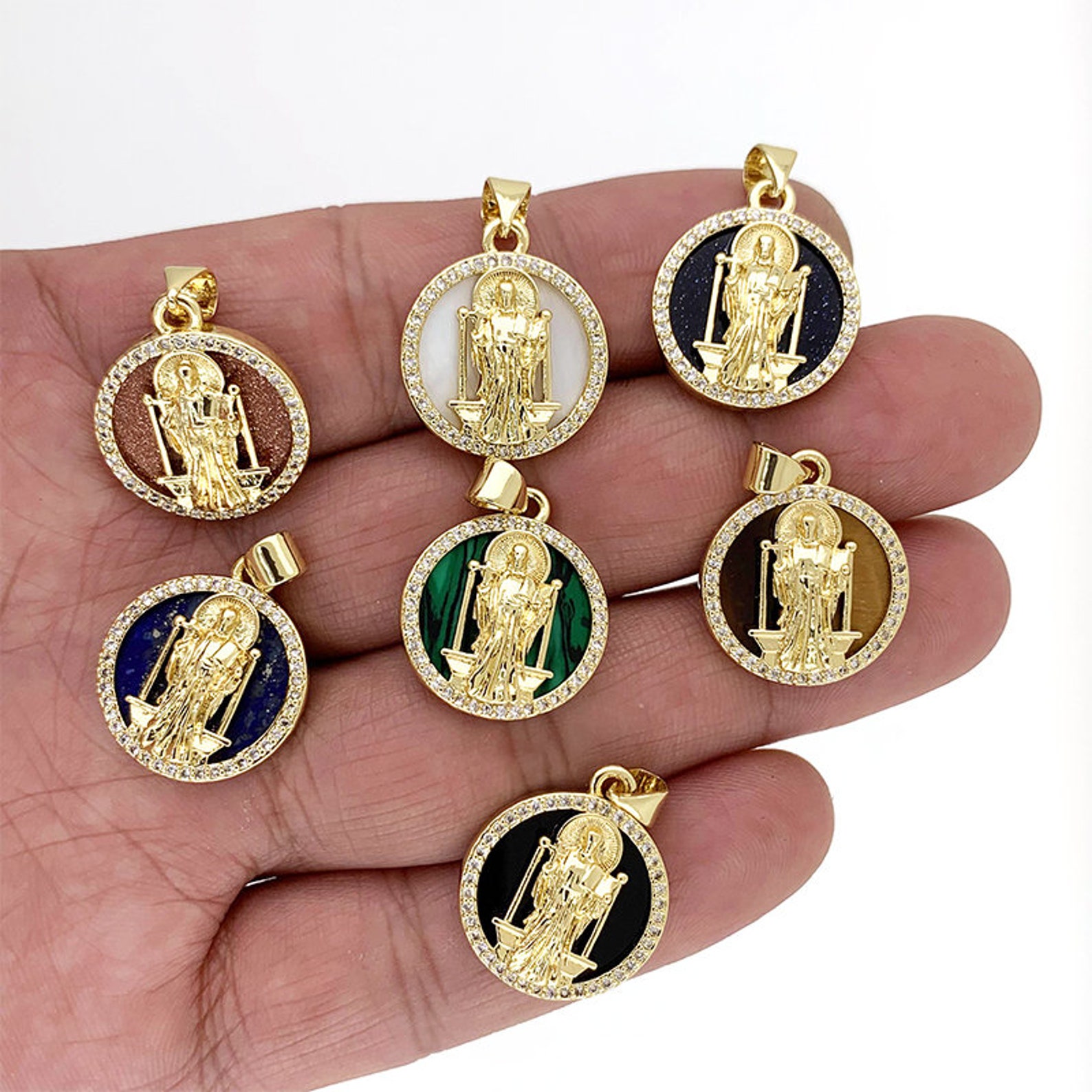 18K Gold Round Jesus Christ Pendant Accessories Malachite/shell/agate ...