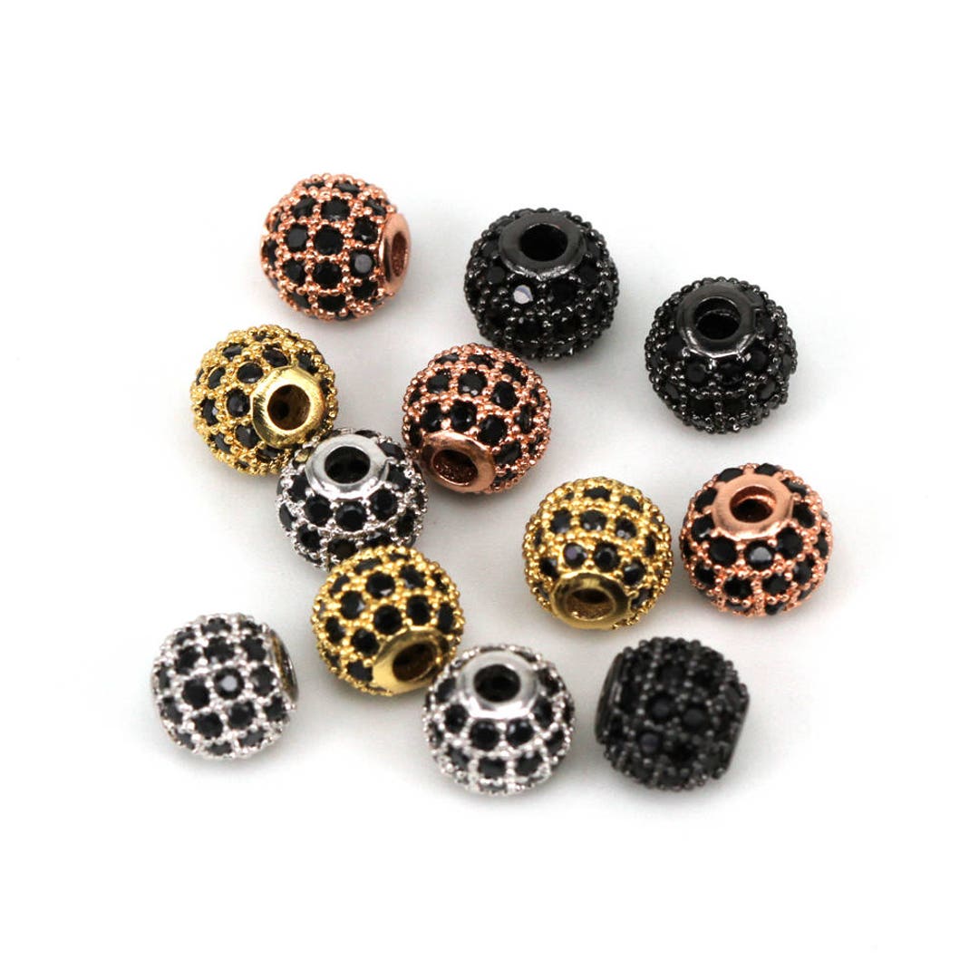 2PCS 6mm Round Ball Bead Micro Paved Beads,black Cubic Zirconia CZ ...