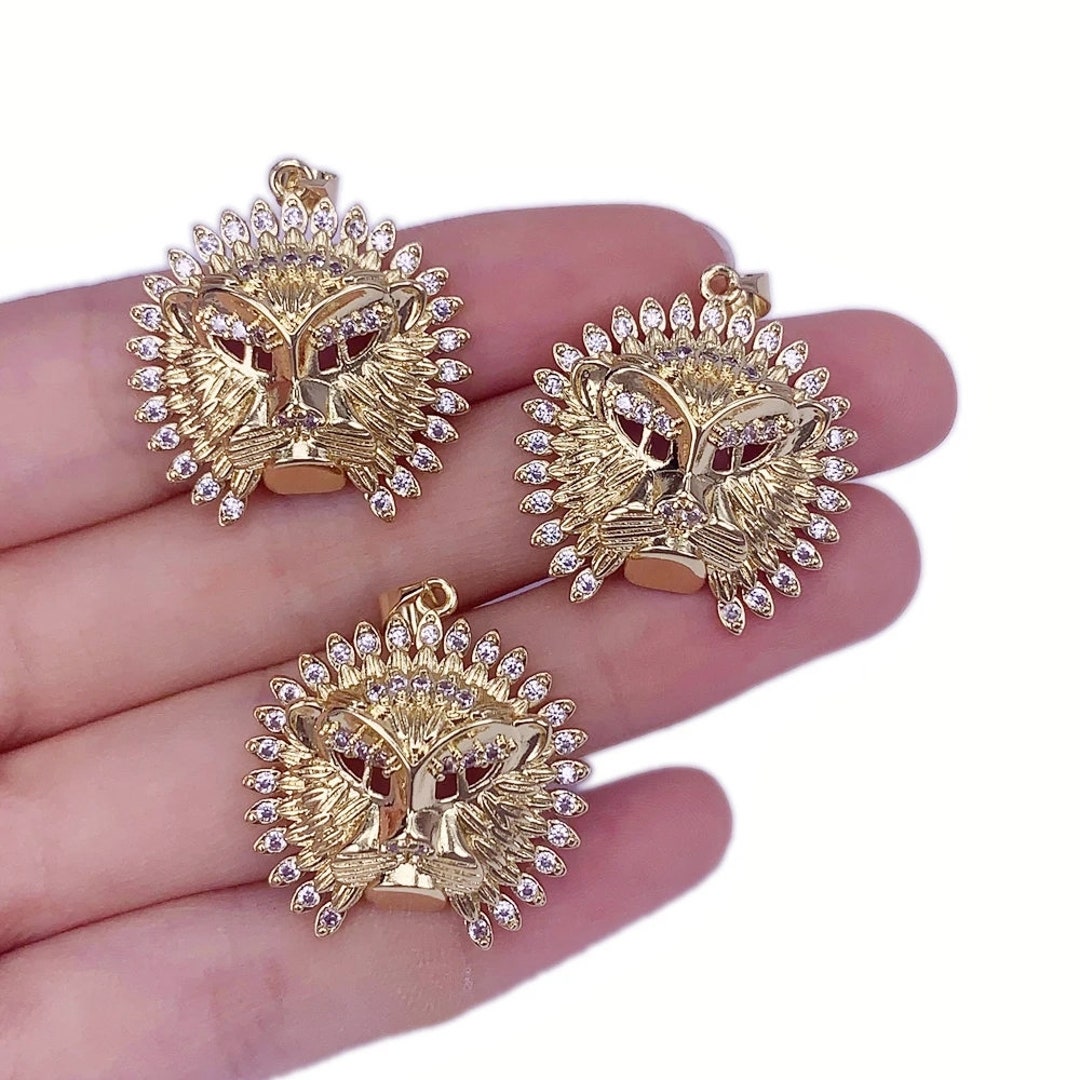 Hip Hop Lions Head Pendant Accessories Gold Plated Brass Inlaid Cubic ...