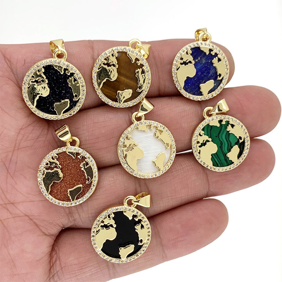 18K Gold Round World Map Pendant Malachite/lapis Lazuli/tiger's Eye ...