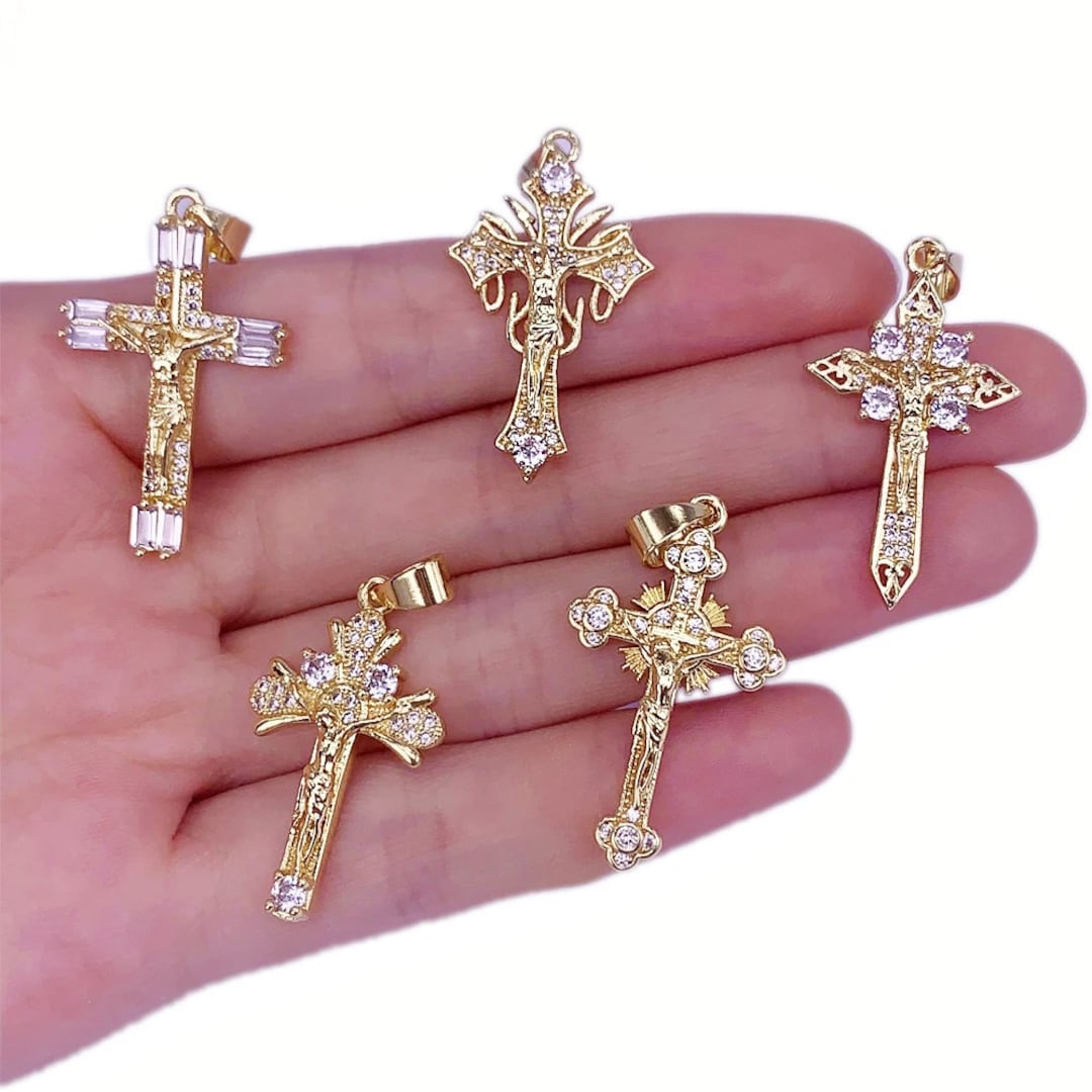 2pcs Gold Christian Cross Necklace Pendant Jewelry Brass Inlaid CZ ...