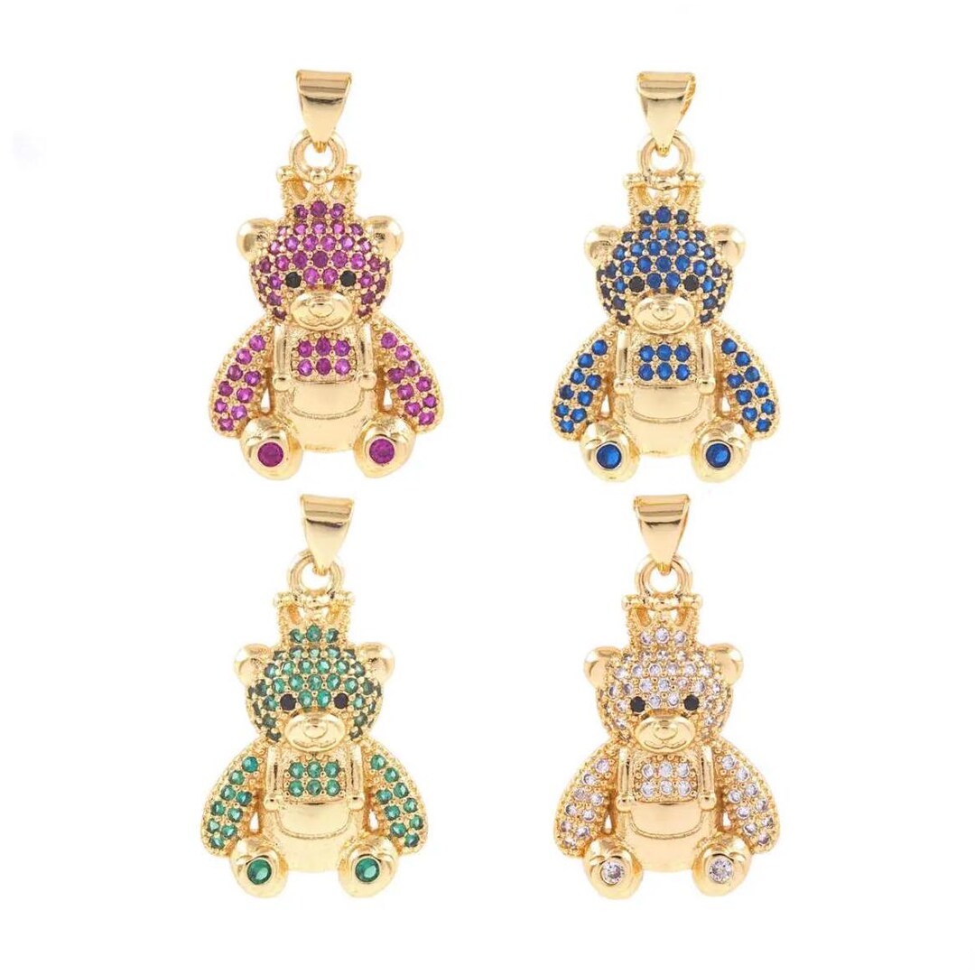 2pcs 18K Gold Cute Bear Charms Pendant Jewelry Brass Embed Zircon Teddy ...