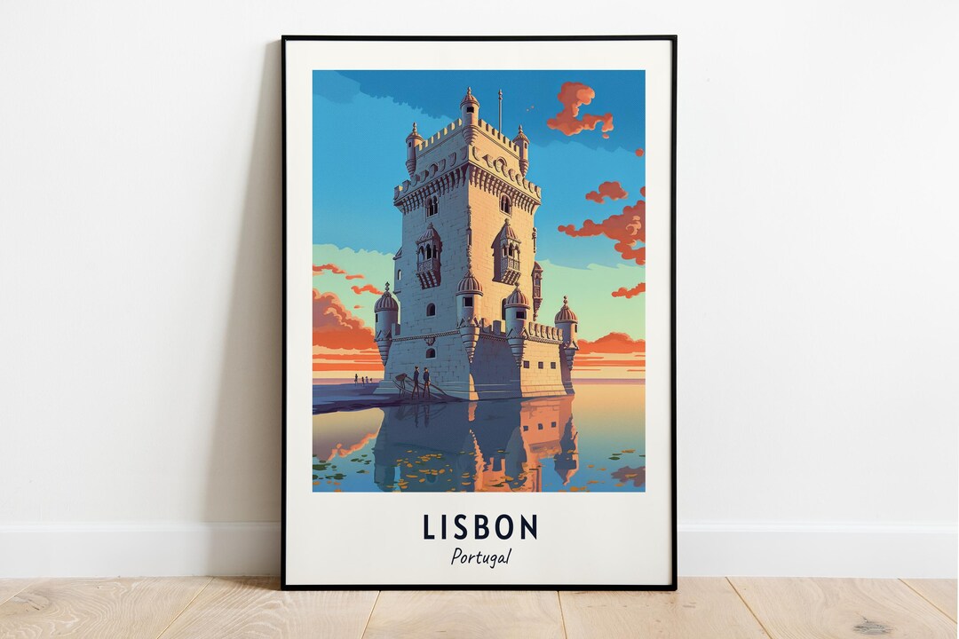 Lisbon Travel Poster Belém Tower Wall Art Portugal Print Cityscape ...