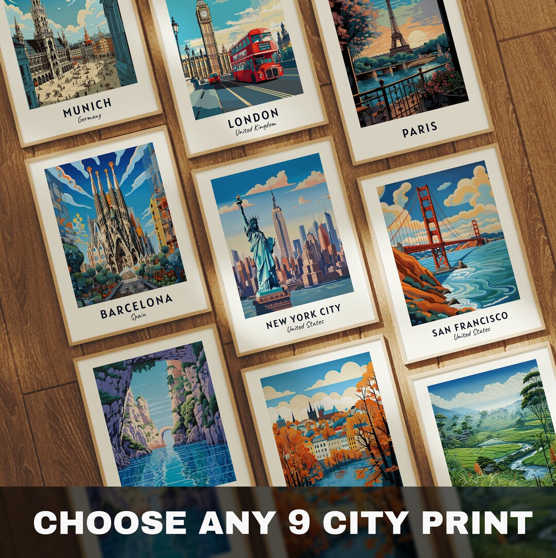 Custom Set of 9 City Prints, Travel Art, Any Nine Locations ...