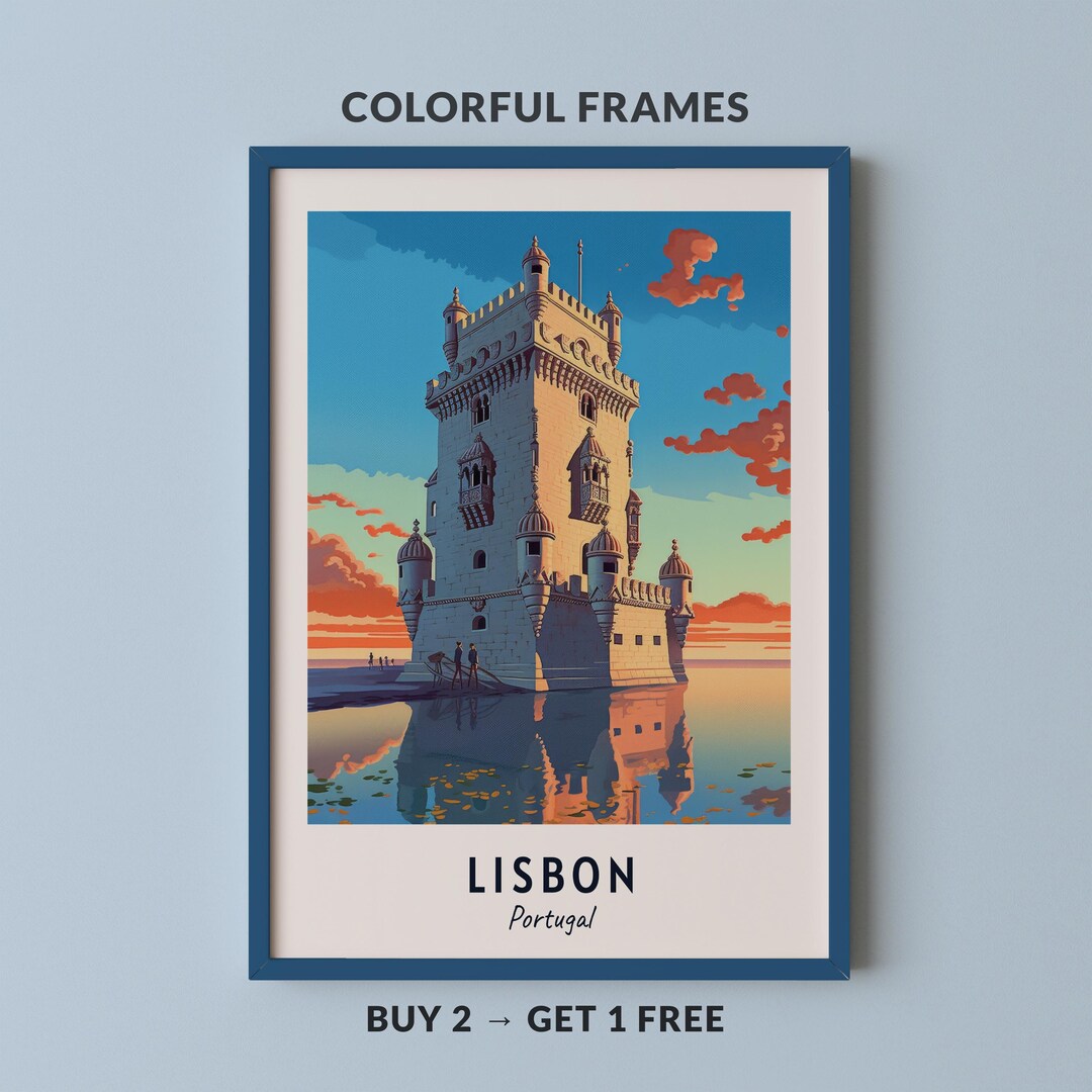 Lisbon Travel Poster Belém Tower Wall Art Portugal Print Cityscape ...